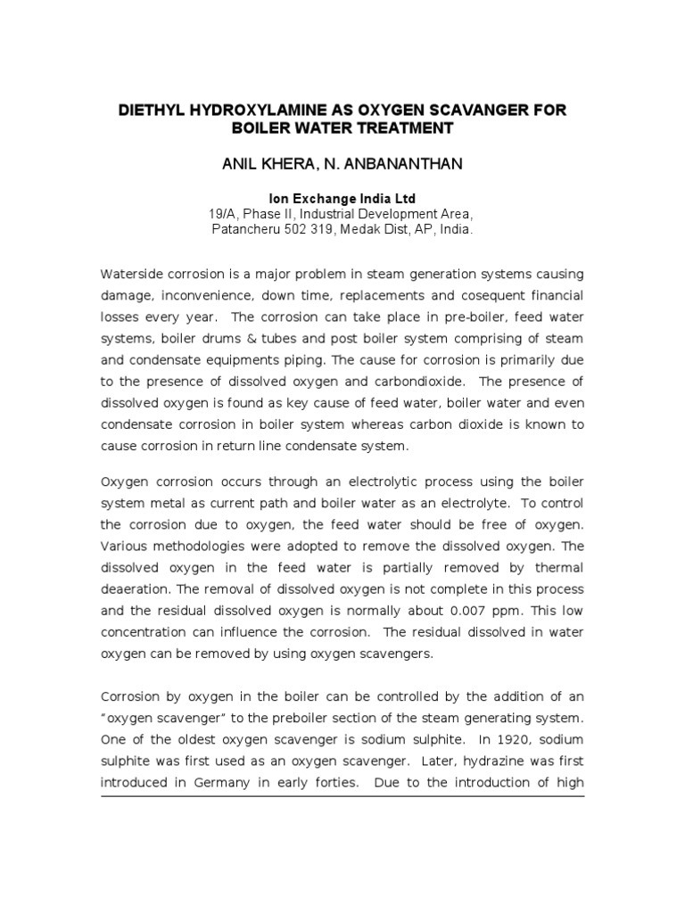 DEHA: An Effective Oxygen Scavenger | PDF | Corrosion | Oxygen