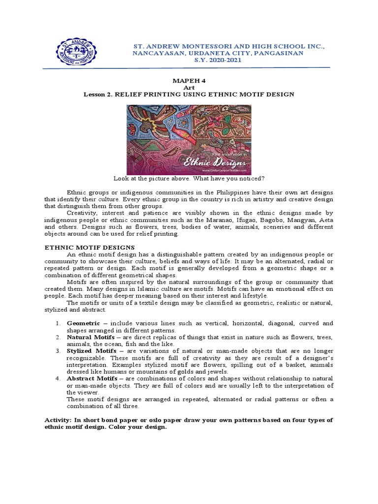 Mapeh 4 Art Lesson 2. Relief Printing Using Ethnic Motif Design ...