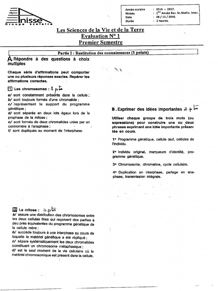 Devoir 1 Modele 1 SVT 1er Bac SM Semestre 1 | PDF