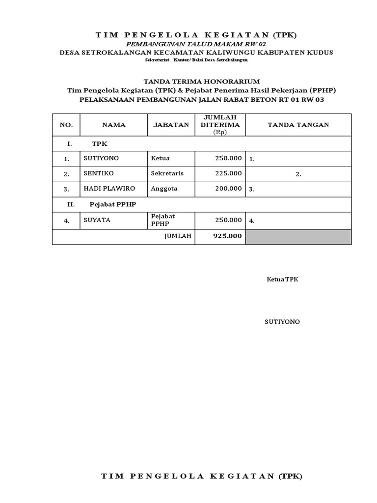 Tanda Terima Honor TPK & PPHP - 2019 | PDF