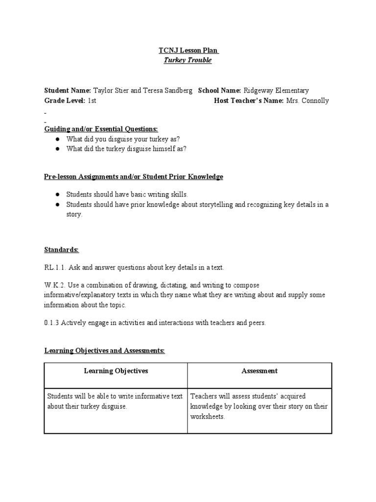 Turkey Trouble Lesson Plan | PDF | Lesson Plan | Lesson