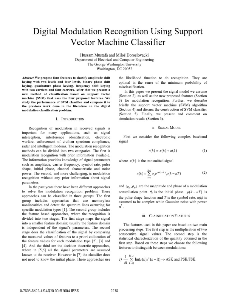 Digital Modulation Recognition Using Support Vector Machine Classifier Pdf Modulation