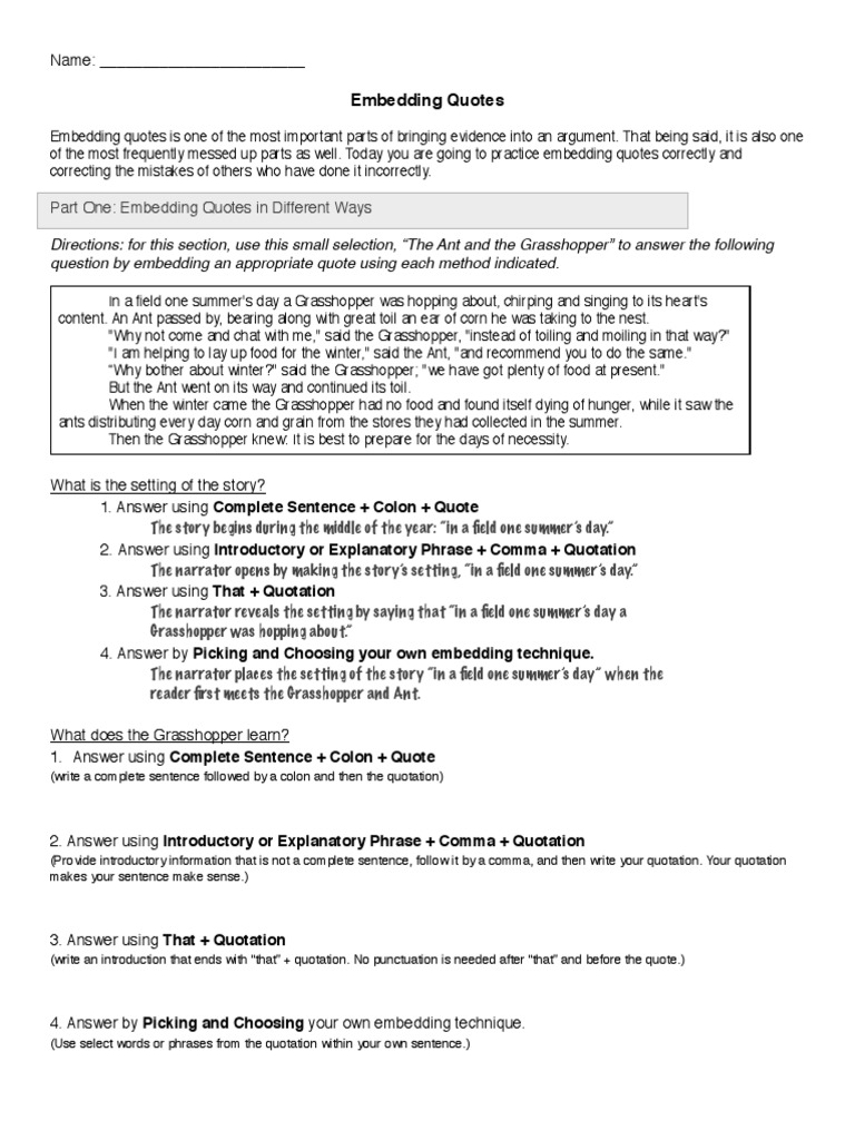 Embedding Quotes Worksheet | PDF | Comma | Punctuation