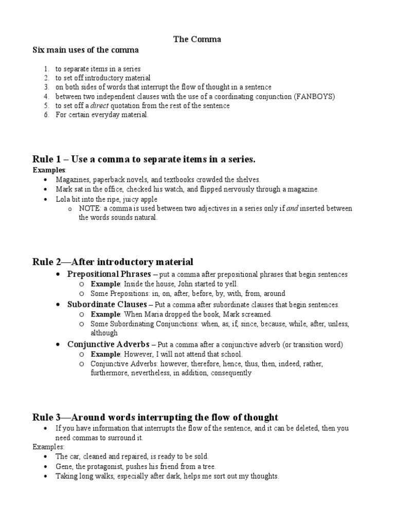 Comma Rule Sheet | PDF | Comma | Adverb