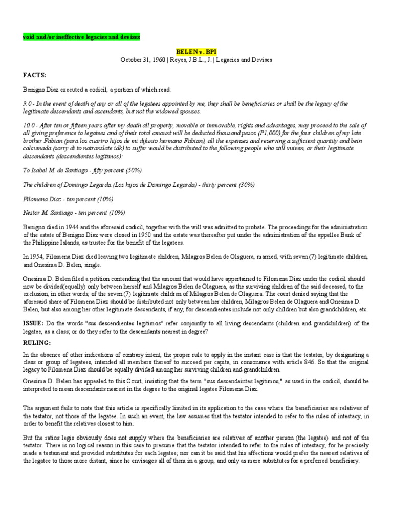 Void And/or Ineffective Legacies and Devises Belen V. Bpi | PDF | Will ...