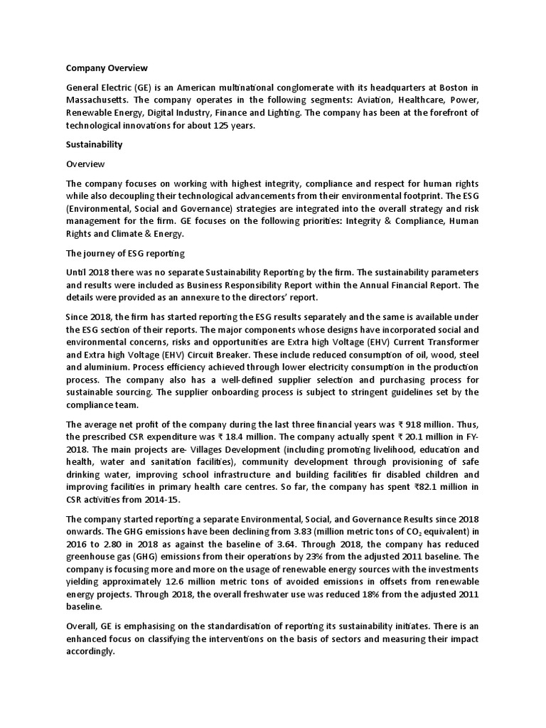 GE One Pager | PDF | General Electric | Sustainability