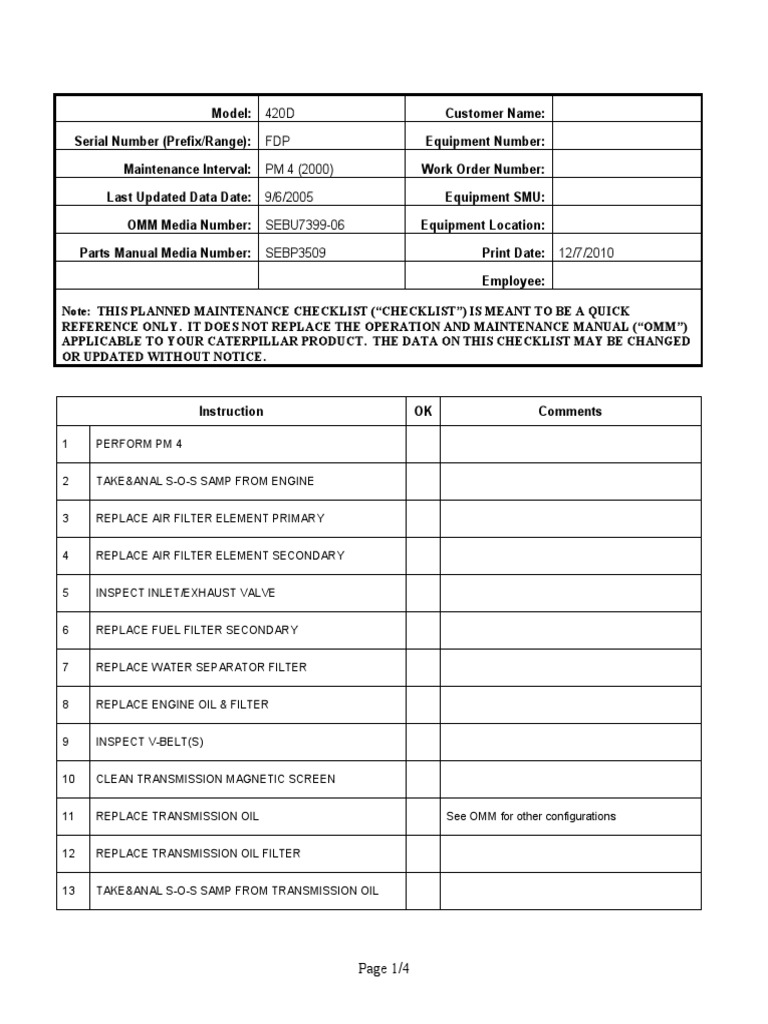Caterpillar 420D PM Checklist Guide | PDF | Transmission (Mechanics ...