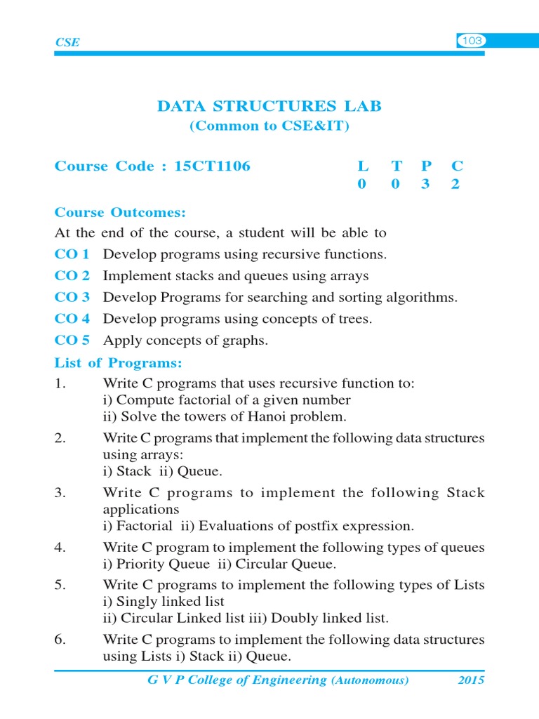 Data Structures Lab Syllabus Pdf Queue Abstract Data Type Mathematical Concepts 6738
