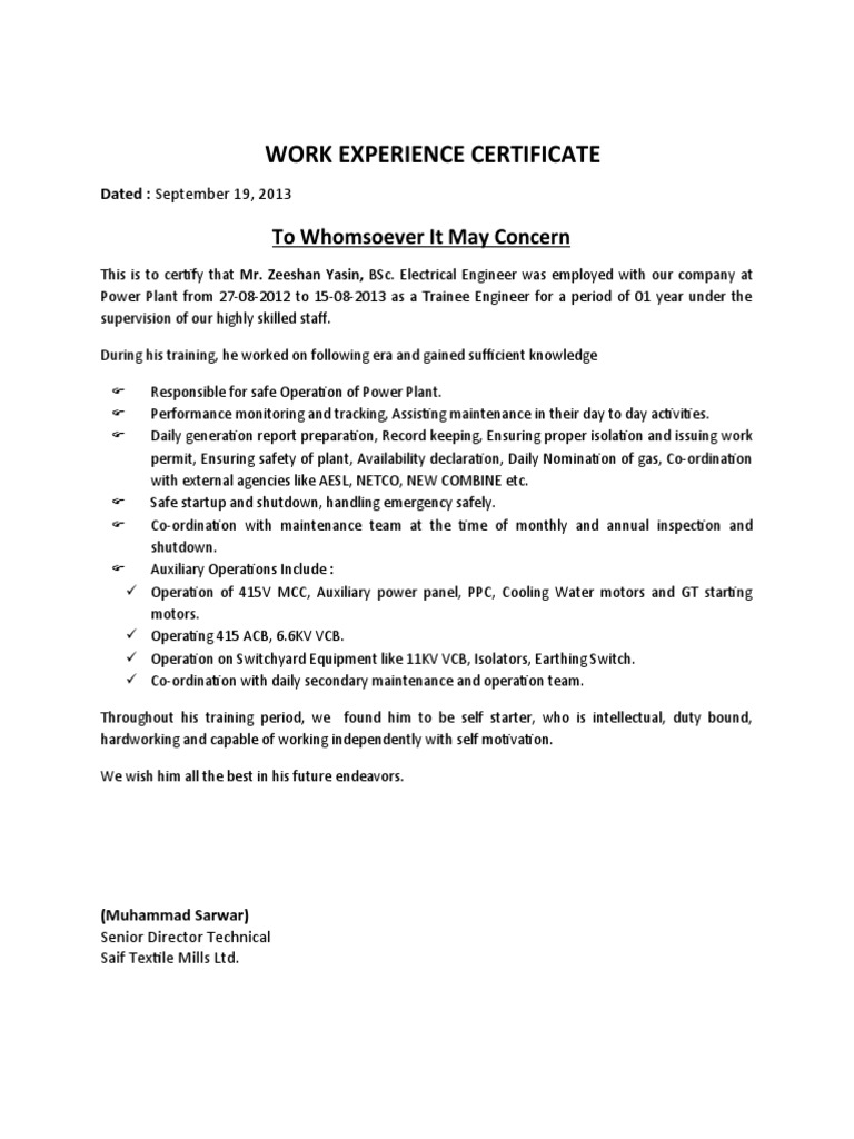Electrical Engineer Experience Certificate | PDF | Electrical Wiring ...