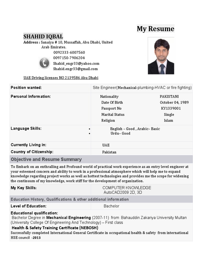 Engr. Shahid CV | PDF | Air Conditioning | Plumbing