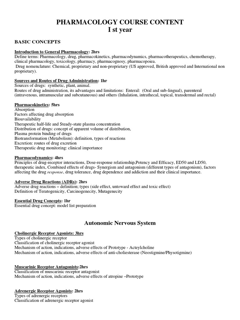 Pharmacology Course Content I ST Year: Basic Concepts | PDF ...