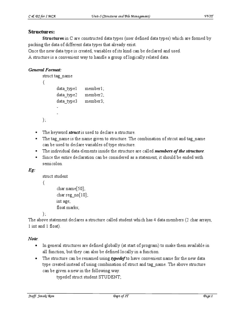Structures:: C&Dsforimca Unit-5 (Structures and File Management) Vvit | PDF | Data Type ...