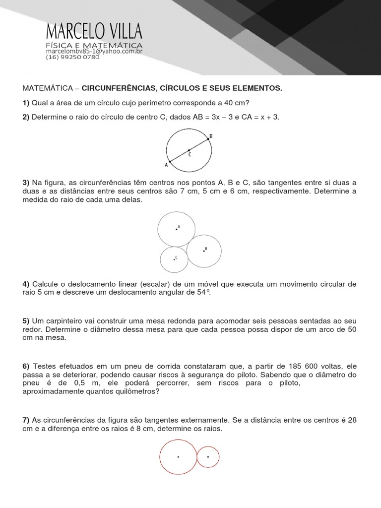 Lista Circunferência e Seus Elementos | PDF | Círculo | Geometria Elementar
