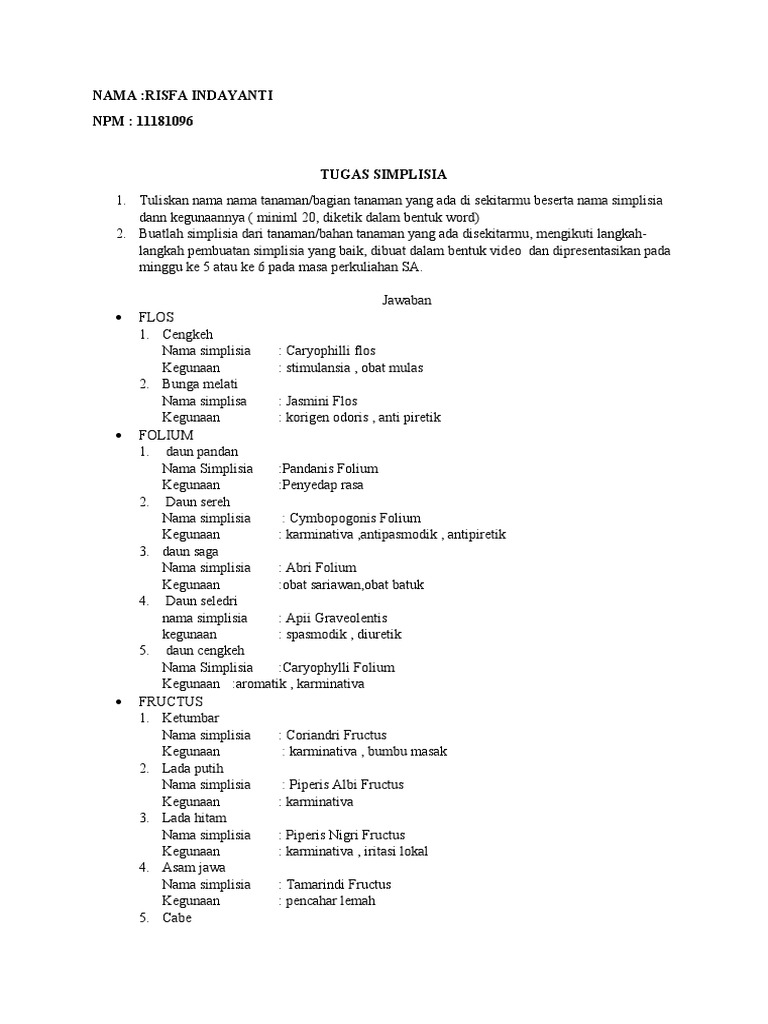 Daftar Nama Simplisia Tanaman Obat | PDF | Kesehatan Holistik