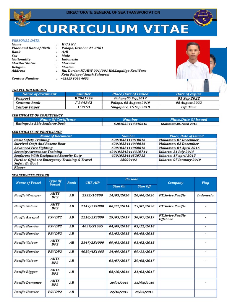 Curriculum Vitae: Directorate General of Sea Transportation "Indonesian Seafarer" | PDF | Sailor ...