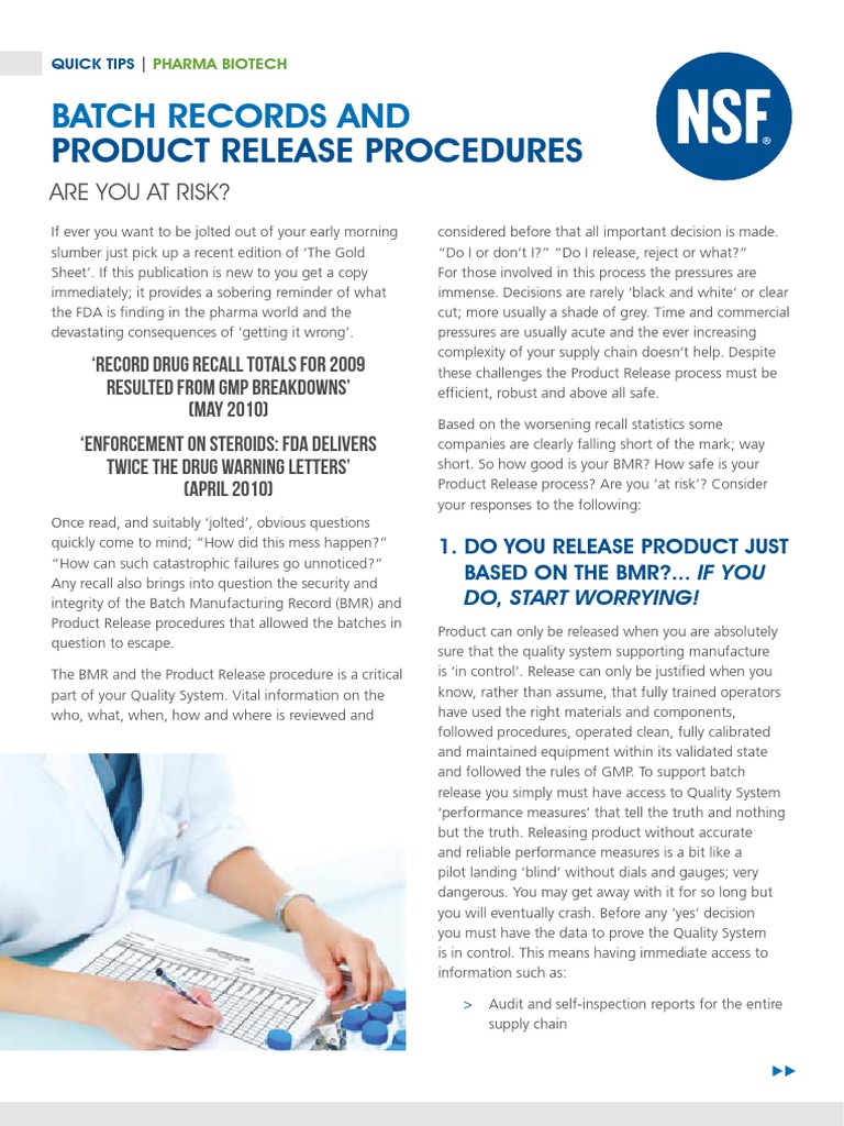 Product Release Procedures: Batch Records and | PDF | Quality ...