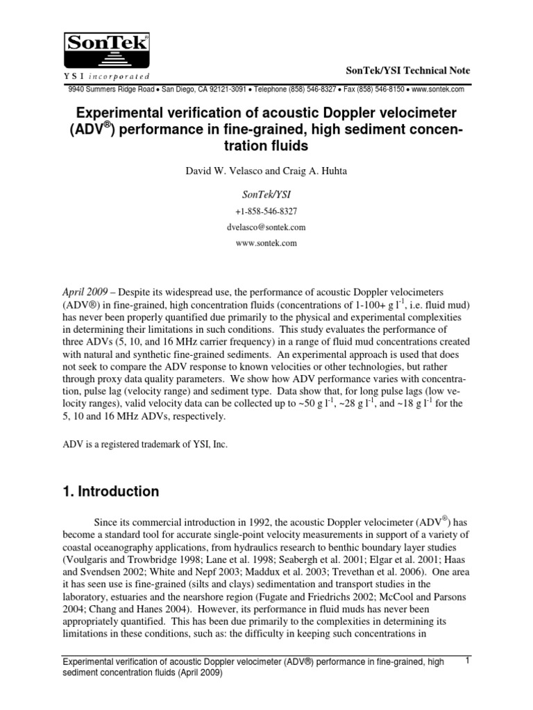 Sontek Adv in Fluid Mud Exp Verification | PDF | Signal To Noise Ratio | Doppler Effect