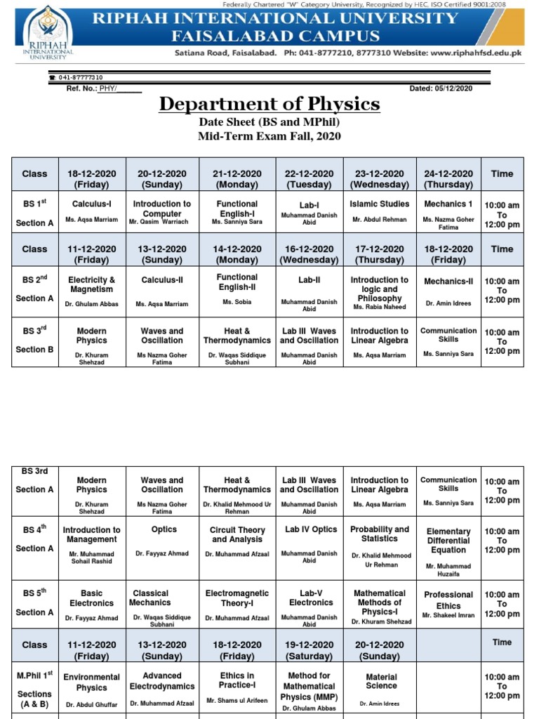 Mid Term Date Sheet (BS and MPhil) Dept of Physics Fall 2020 | PDF | Physics | Electromagnetism