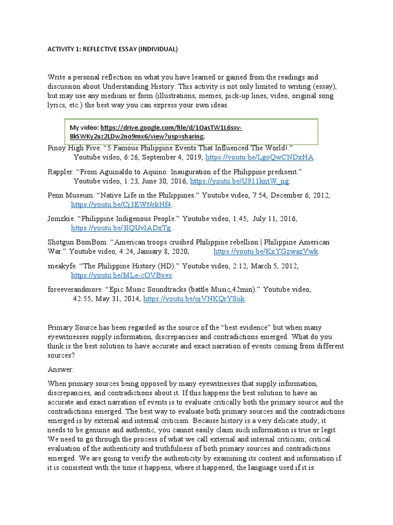Activity 1: Reflective Essay (Individual) | PDF | Primary Sources ...