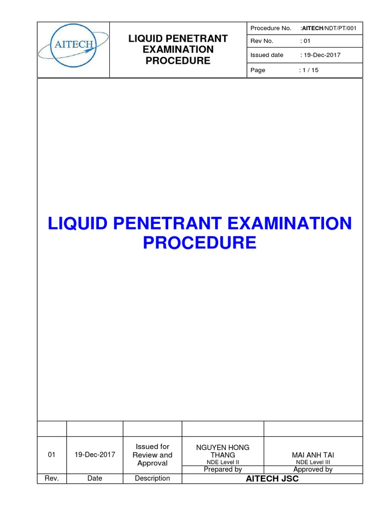 Liquid Penetrant Examination Procedure | PDF | Nondestructive Testing ...