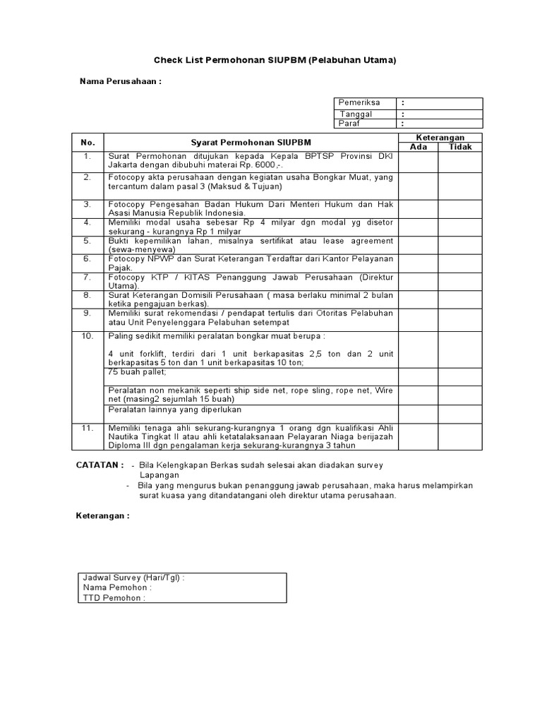 (Bizform) Formulir Checklist Pelabuhan Utama SIUPBM (Surat Izin Usaha ...