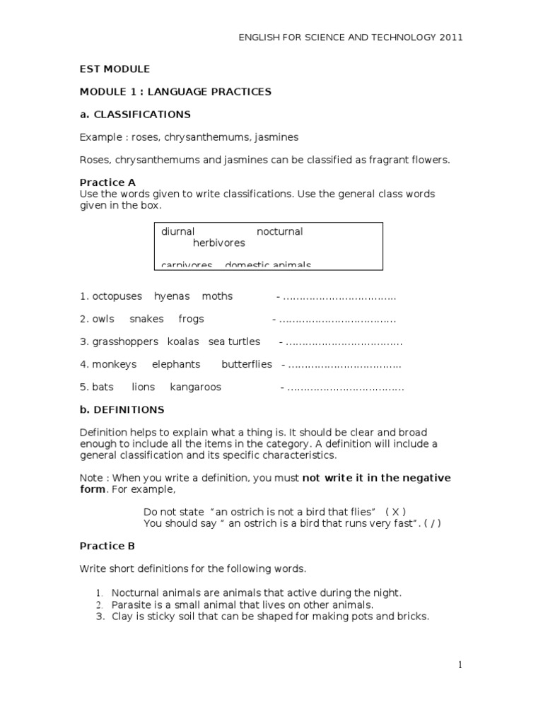 Est Module Module 1: Language Practices A. Classifications: English For ...