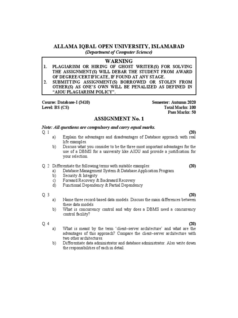 AIOU Database Course Assignment Warnings | PDF | Relational Database | Data Model