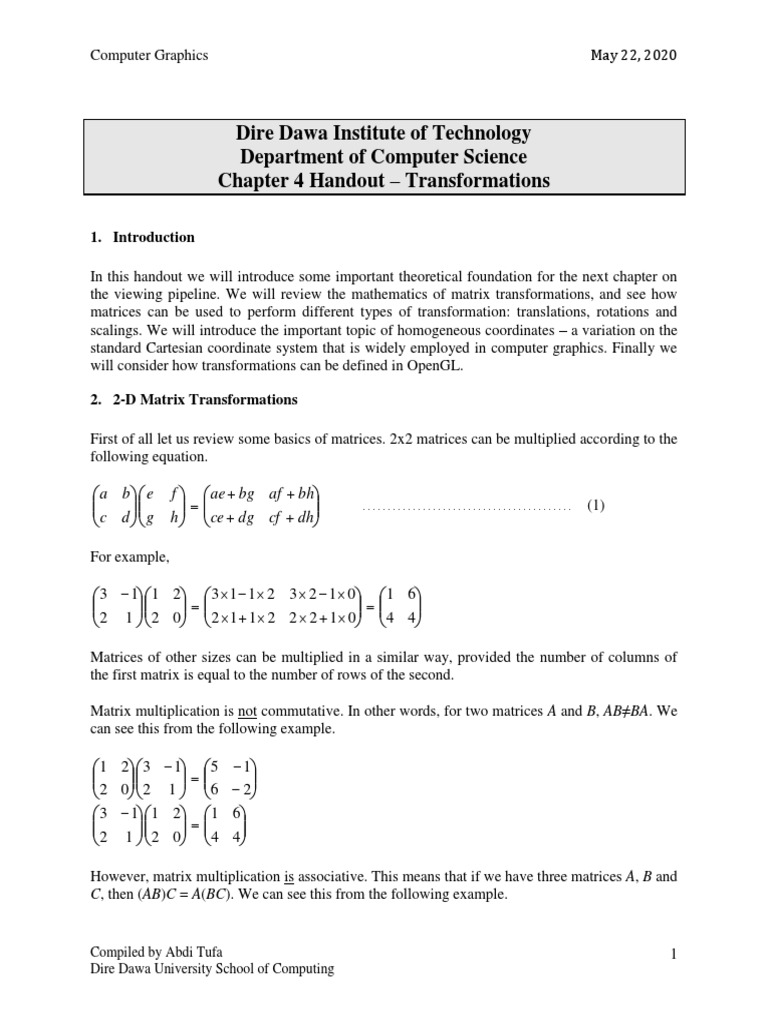 Chapter 4 Transformations Pdf 2 D Computer Graphics Cartesian