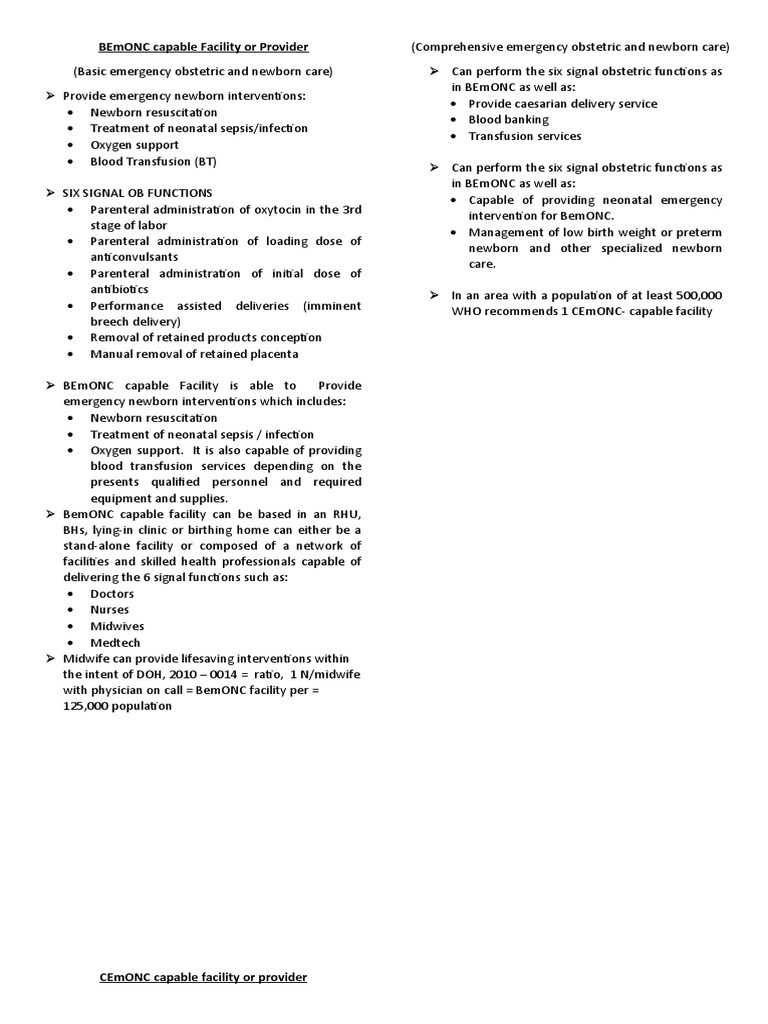 BEmONC and CEmONC | PDF | Midwife | Childbirth