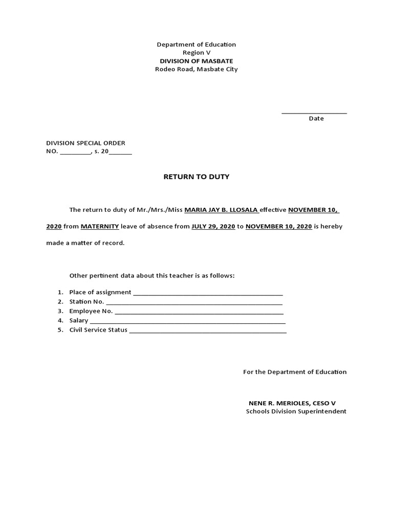 Return To Duty Form Deped Masbate - Form example download