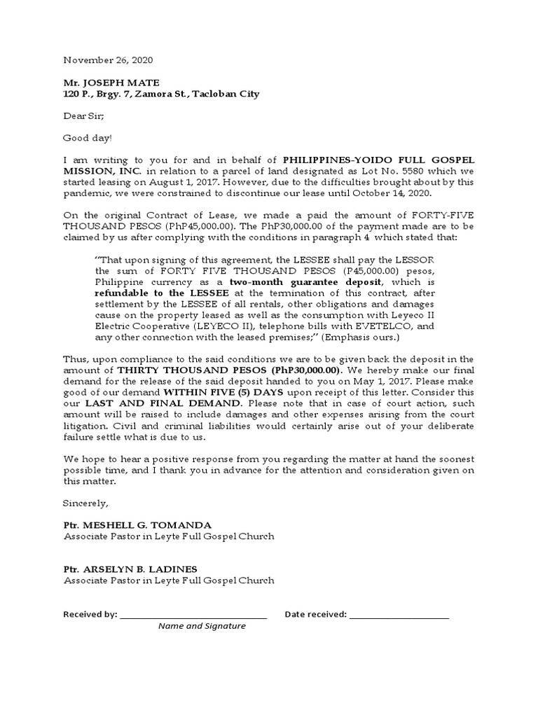Demand Letter Sample - Deposit | PDF