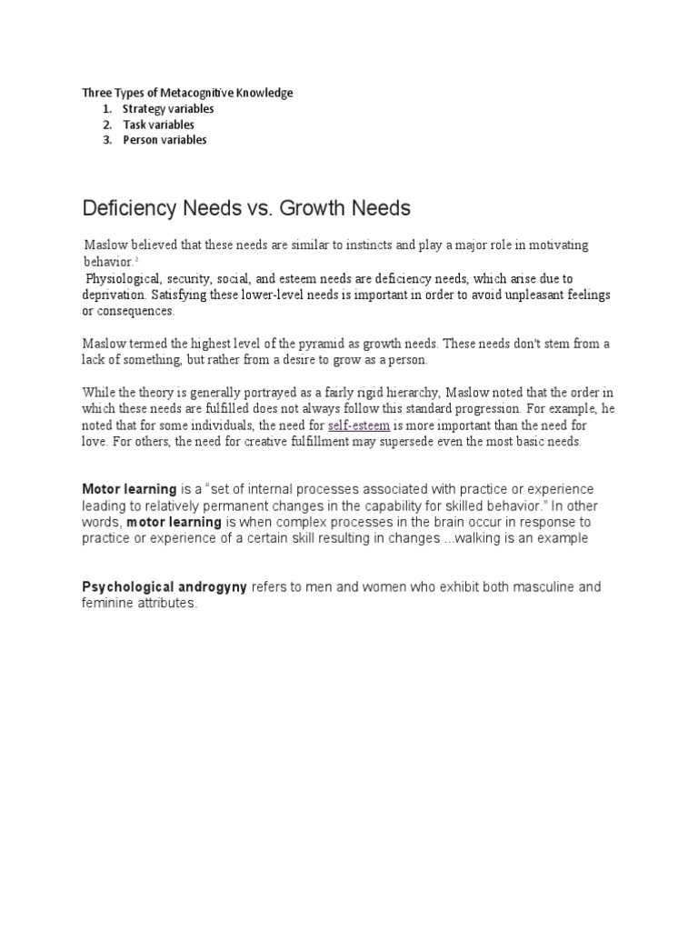 Deficiency Needs vs. Growth Needs | PDF