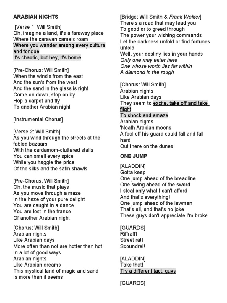 Arabian Nights Aladdin Lyrics