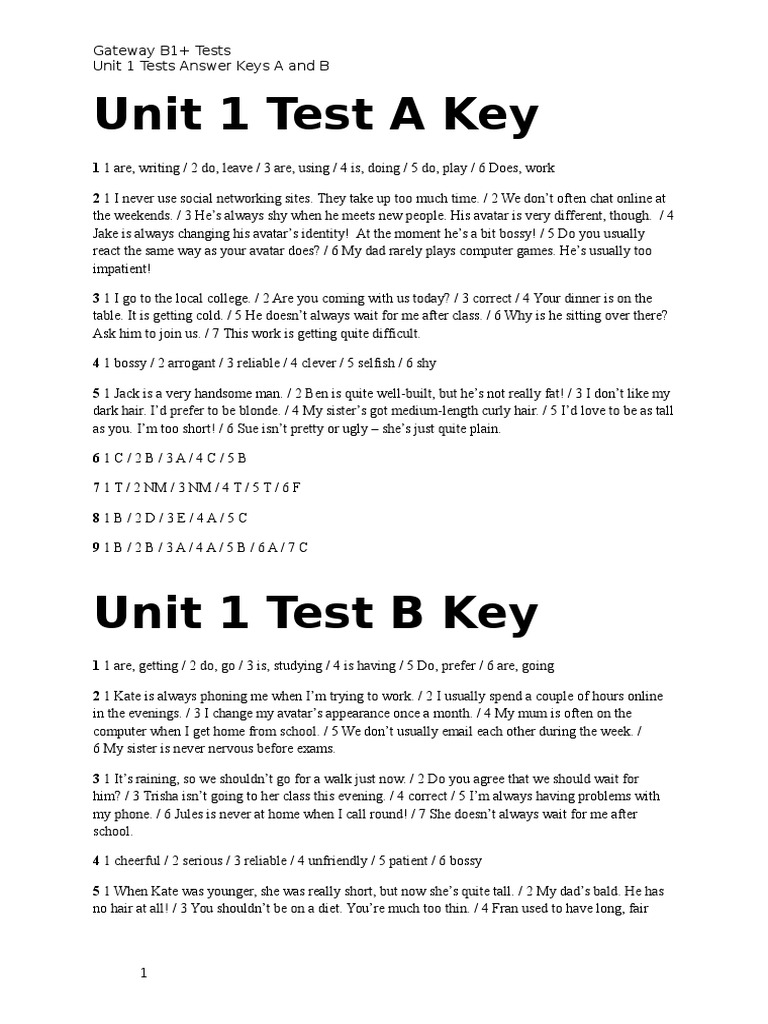 Gateway b1 Test 1 Key PDF | PDF