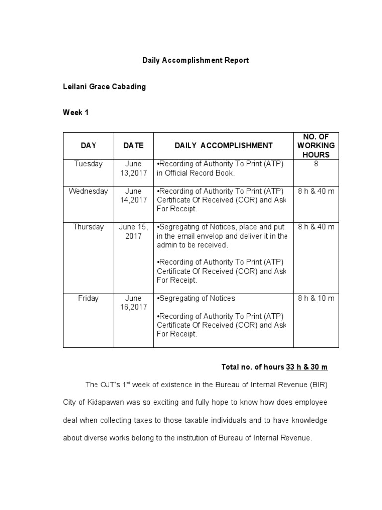 Daily Accomplishment Record Terminal Report | PDF | Internal Revenue ...