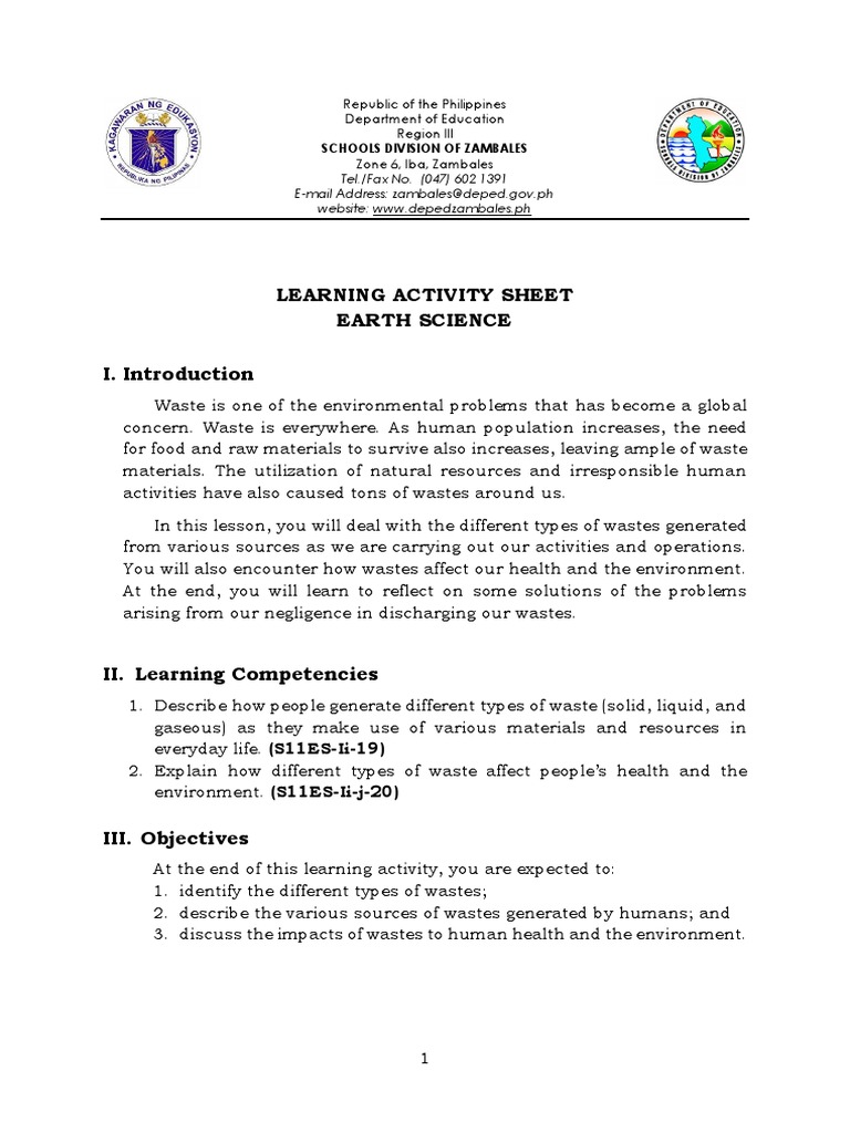 Grade 11 Earth Science Week 5 LAS | PDF | Wastewater | Waste