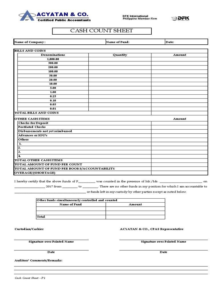 E1 Cash Count Sheet | PDF | Cheque | Services (Economics)