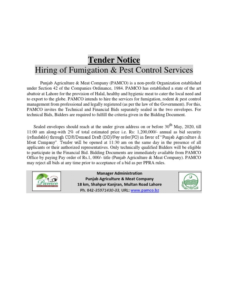 Hiring of Fumigation & Pest Control Services: Tender Notice | PDF ...