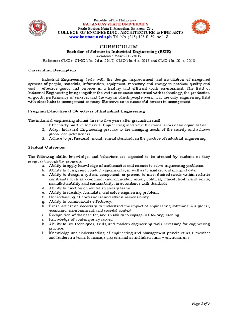 Curriculum for the Bachelor of Science in Industrial Engineering Program at Batangas State ...
