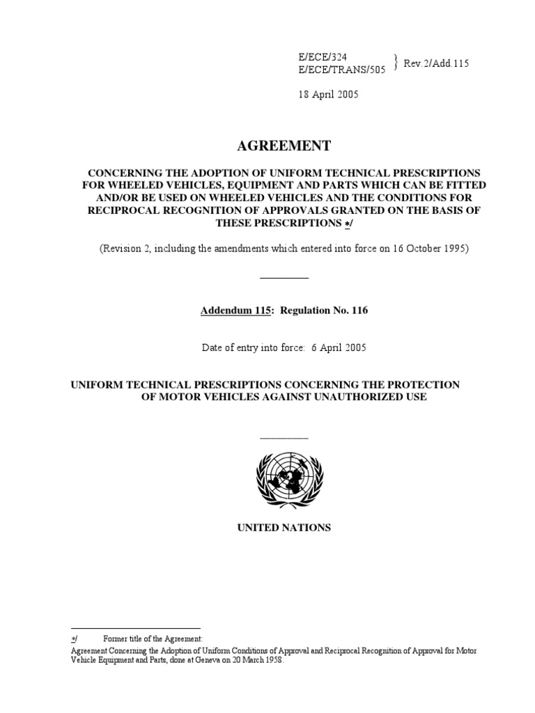 Agreement: E/ECE/324 E/ECE/TRANS/505 Rev.2/Add.115 18 April 2005 | PDF | Lock (Security Device ...