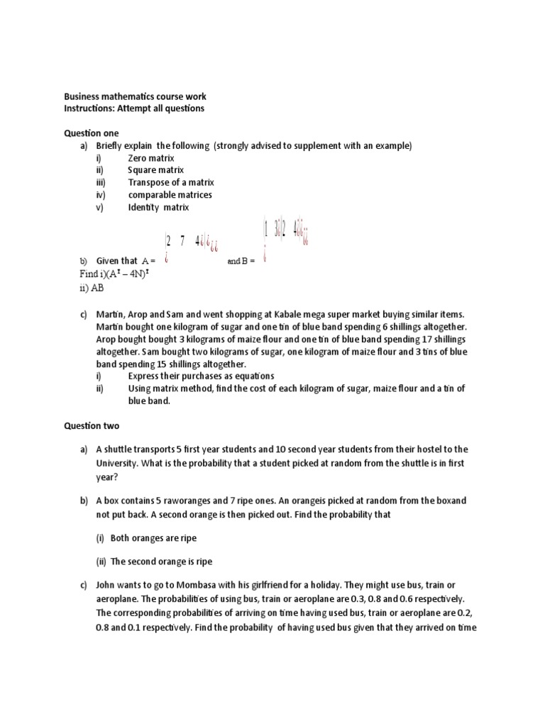 Business Mathematics Course Work Instructions: Attempt All Questions ...