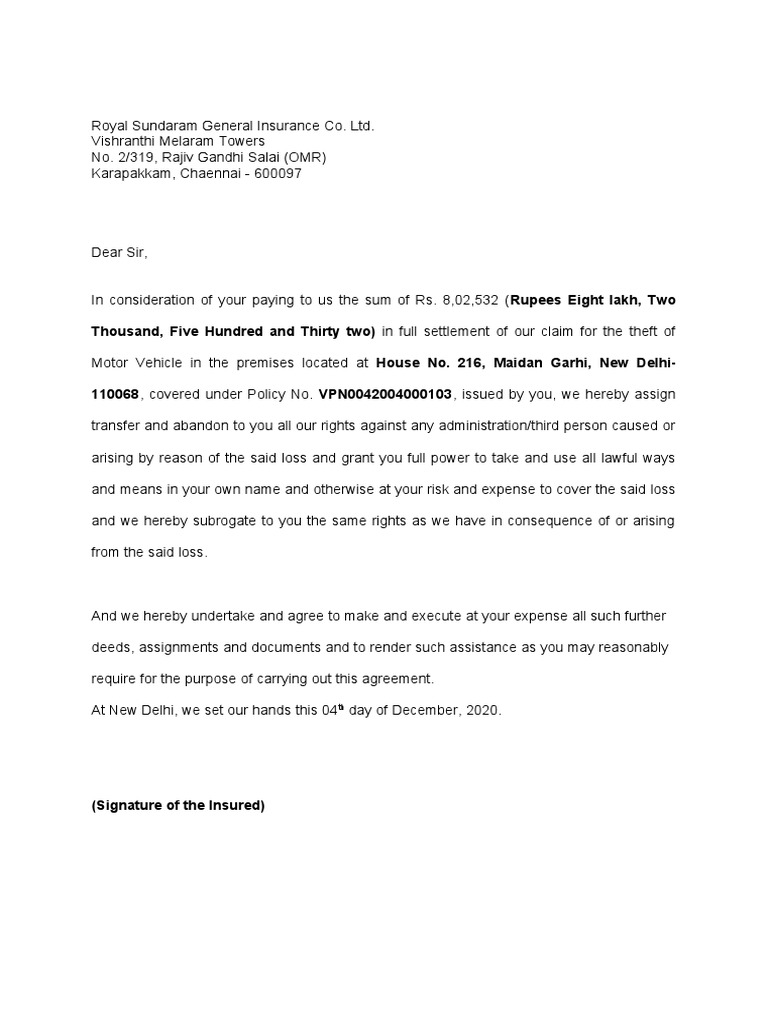 Letter of Subrogation | PDF | Business | Finance & Money Management