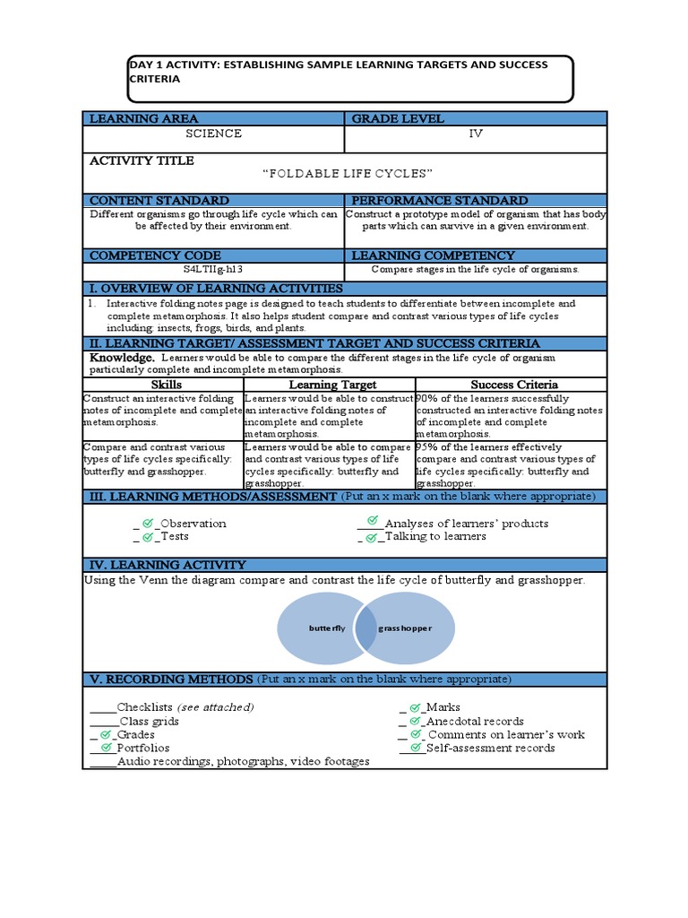 Day 1 Activity: Establishing Sample Learning Targets and Success ...