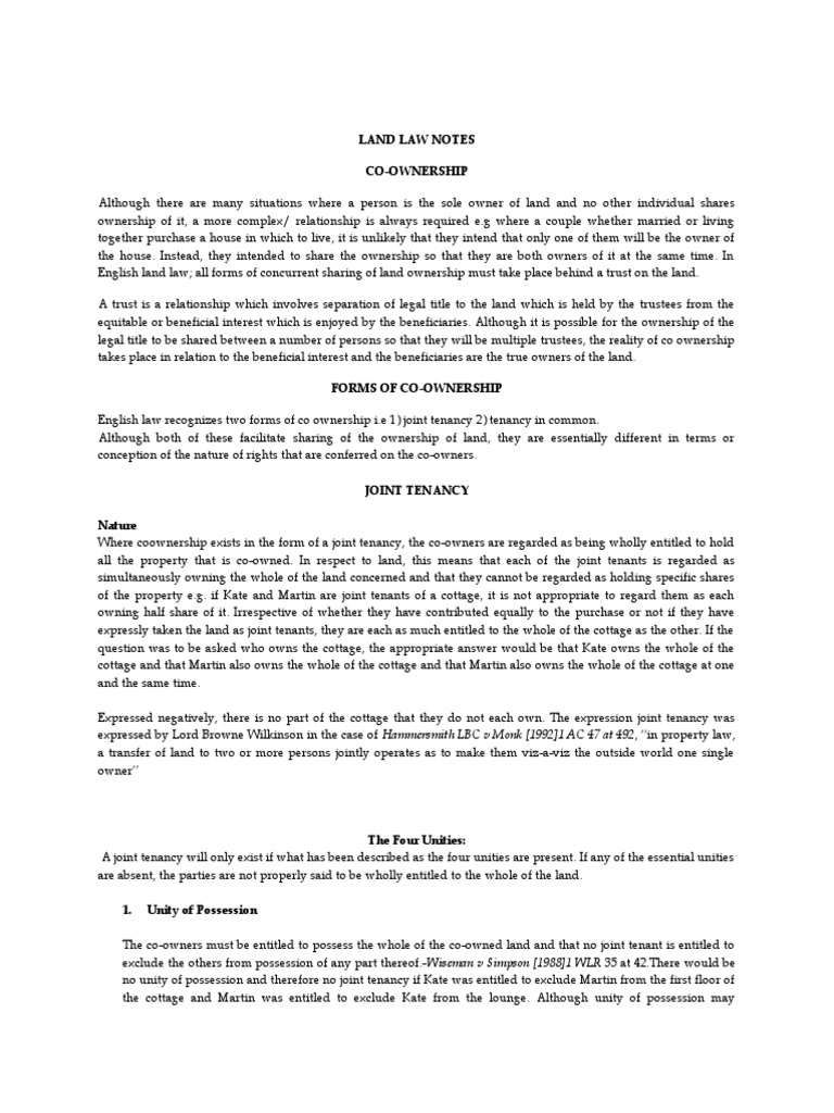 Land Law Notes 2 | PDF | Concurrent Estate | Leasehold Estate