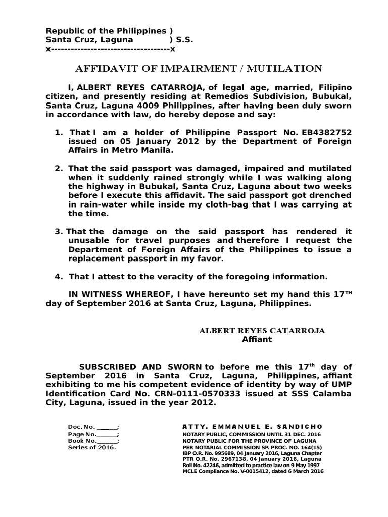 Affidavit of Impariment or Mutilation of Passport Form-2 | PDF | Social Science | Travel
