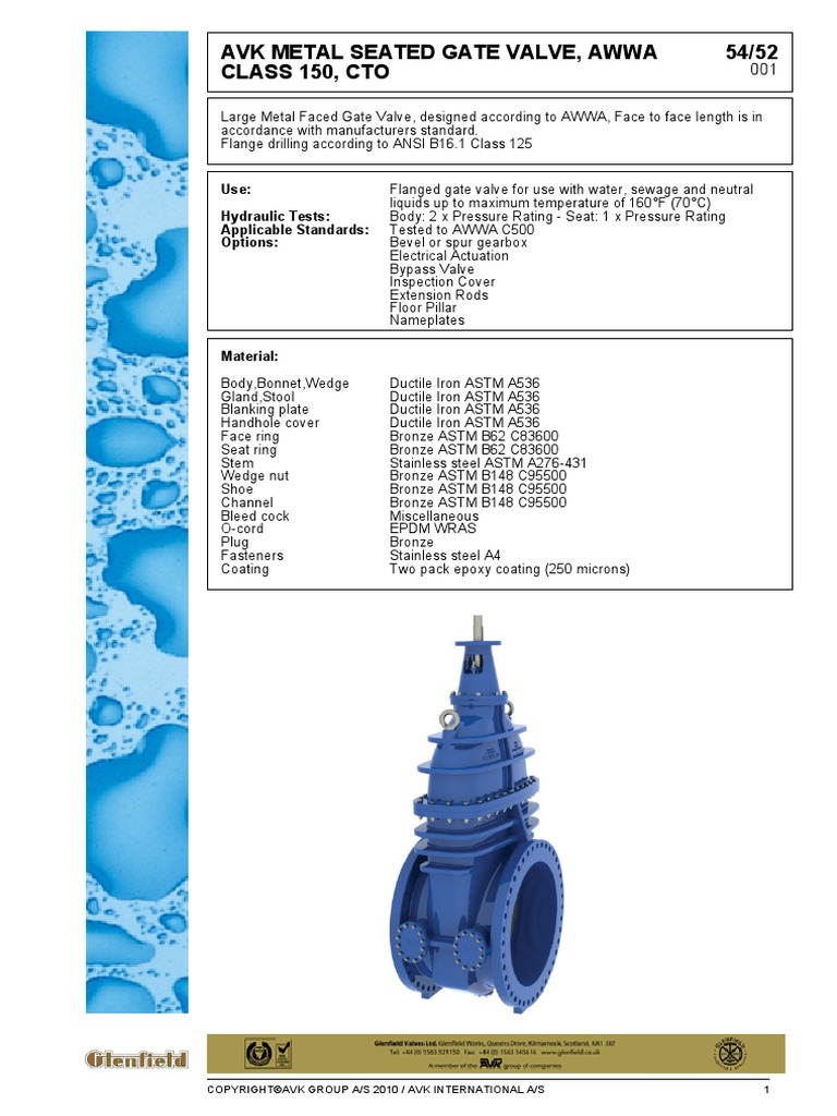 Avk Metal Seated Gate Valve, Awwa 54/52 Class 150, Cto: Use: Hydraulic ...