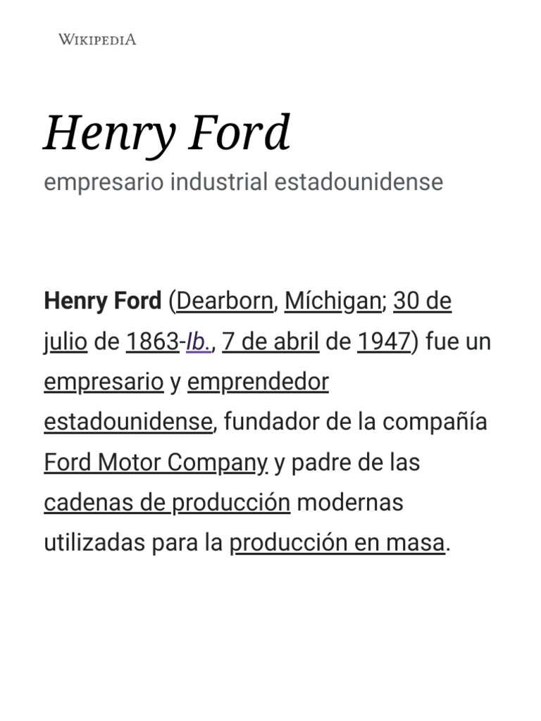 Henry Ford - Wikipedia, La Enciclopedia Libre PDF | PDF | Equipo ...