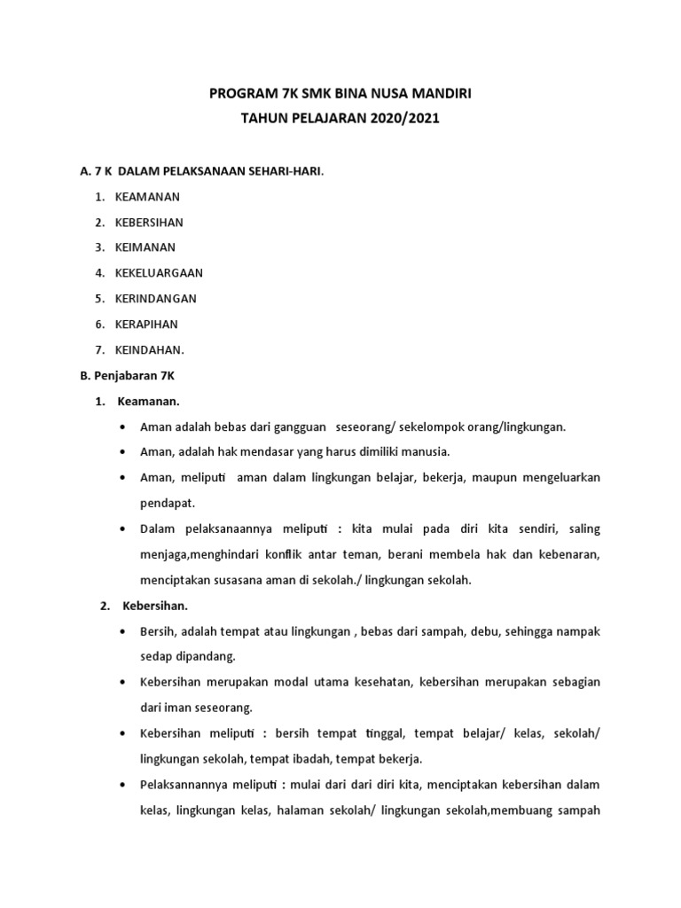 Program 7K SMK Bina Nusa Mandiri TAHUN PELAJARAN 2020/2021: A. 7 K ...