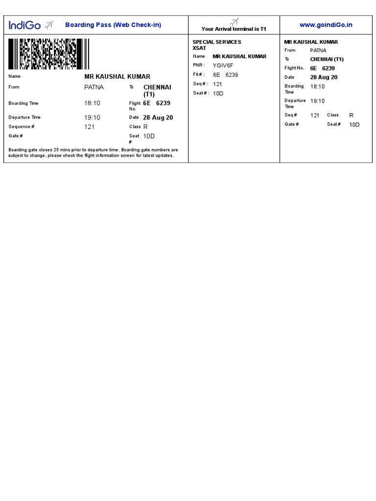 Boarding Pass (Web Check In) WWW - Goindigo.In: MR Kaushal Kumar ...