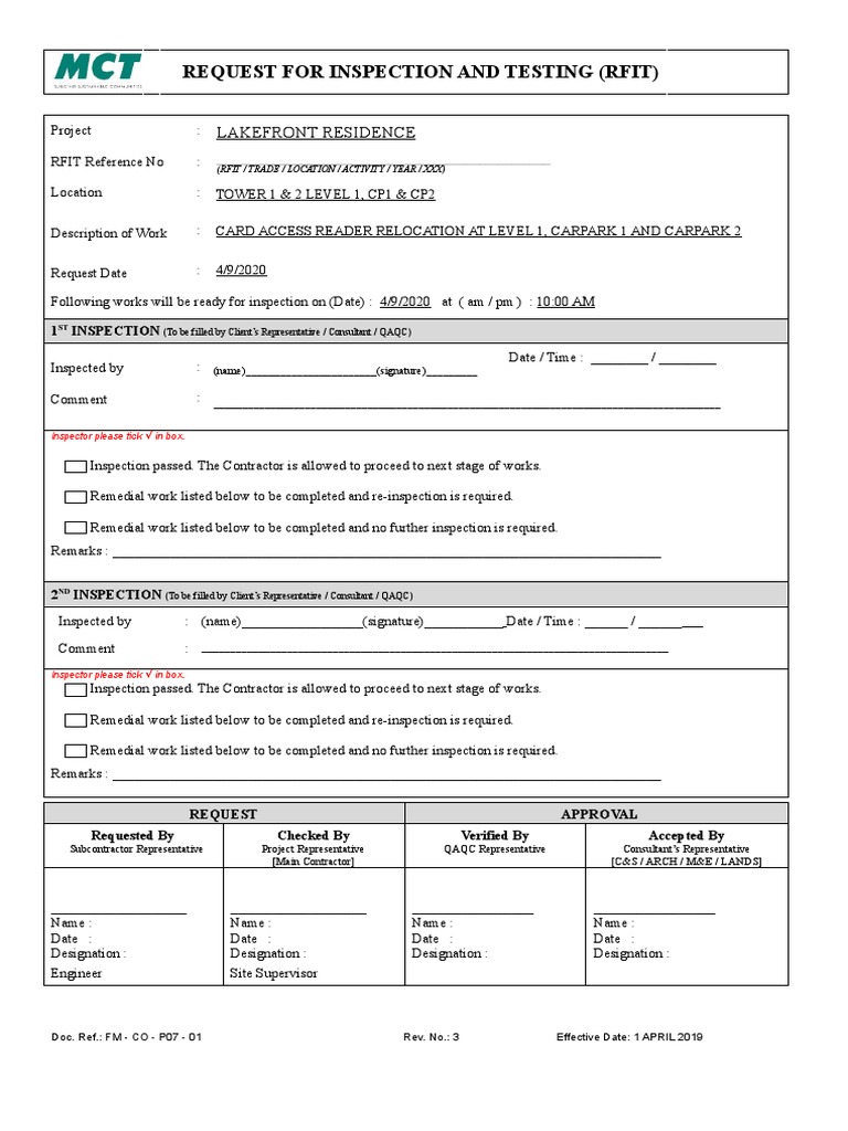 LFH-PRIMA-CON-SF-09 R1 01.08.16 Request For Inspection & Testing (RFIT ...